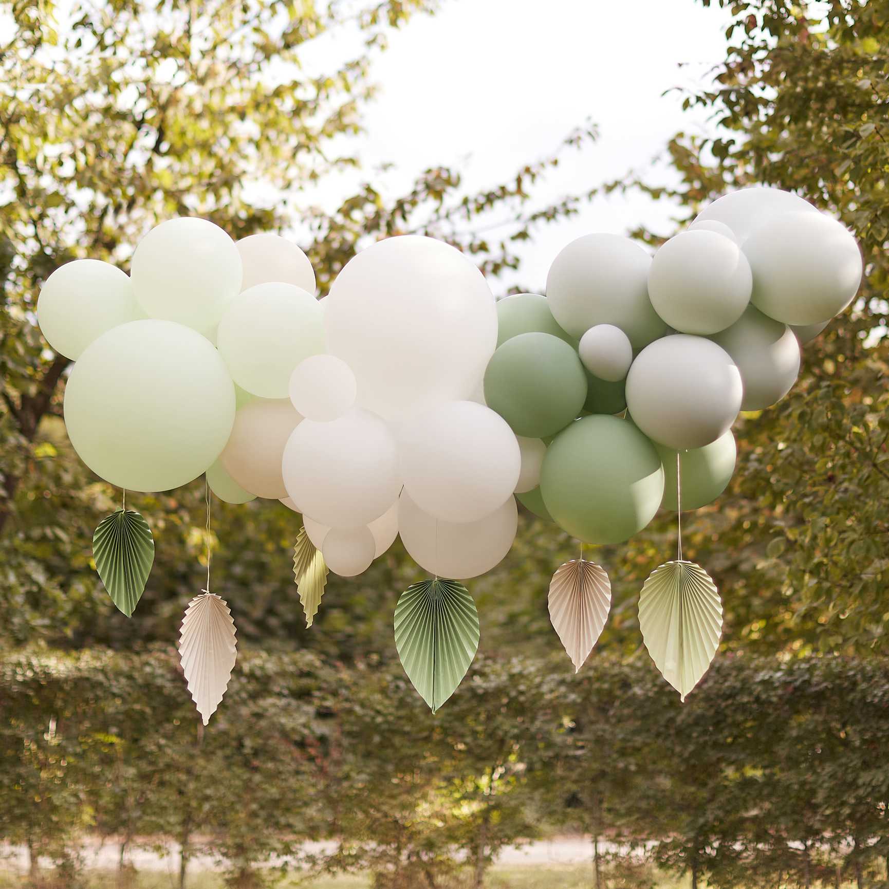 Sage Balloon Garland with Palm Spear Fans – Ralph and Luna Party Shop